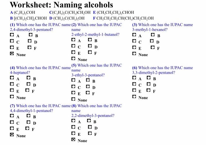 Solved Worksheet: Naming alcohols | Chegg.com
