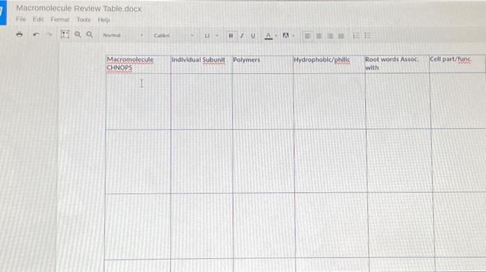 Solved Macromolecule Review Table docx File Edh Format Tools | Chegg.com