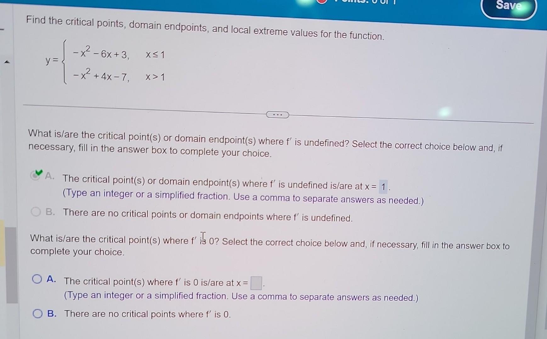 Solved Find the critical points, domain endpoints, and local | Chegg.com