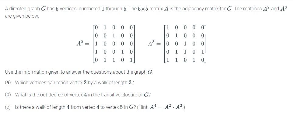 Solved A directed graph G ﻿has 5 ﻿vertices, numbered 1 | Chegg.com