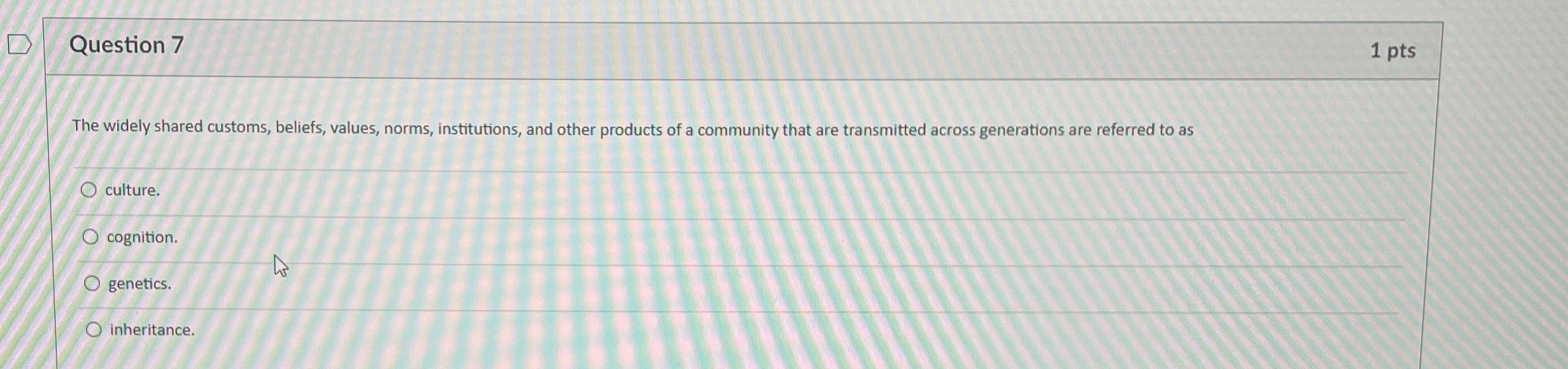 Solved Question 71 ﻿ptsThe widely shared customs, beliefs, | Chegg.com