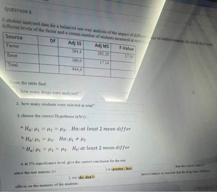 Solved QUESTIONS A student analyzed data for a balanced | Chegg.com