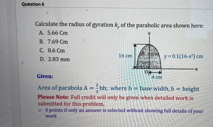 Solved Calculate the radius of gyration ky of the parabolic | Chegg.com