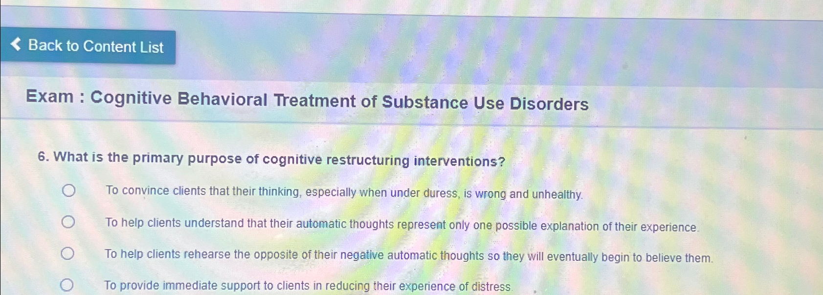 Solved Back to Content ListExam : Cognitive Behavioral | Chegg.com