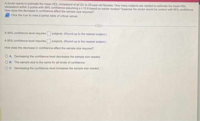 Solved A doctor wants to estimate the mean HDL cholesterol | Chegg.com