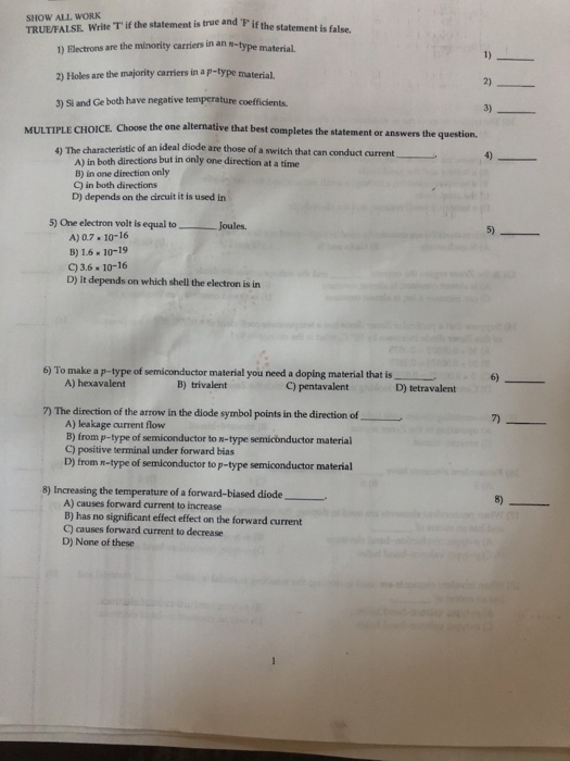Solved SHOW ALL WORK TRUE/FALSE Write T if the statement is | Chegg.com