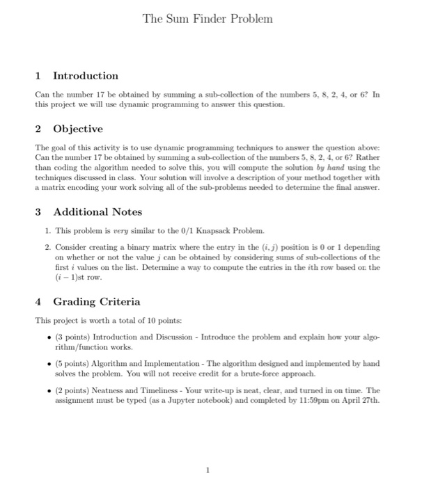Solved The Sum Finder Problem 1 Introduction Can the number | Chegg.com