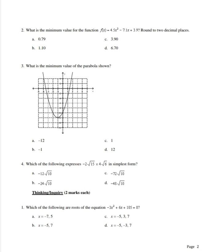 Solved 2. What is the minimum value for the function | Chegg.com