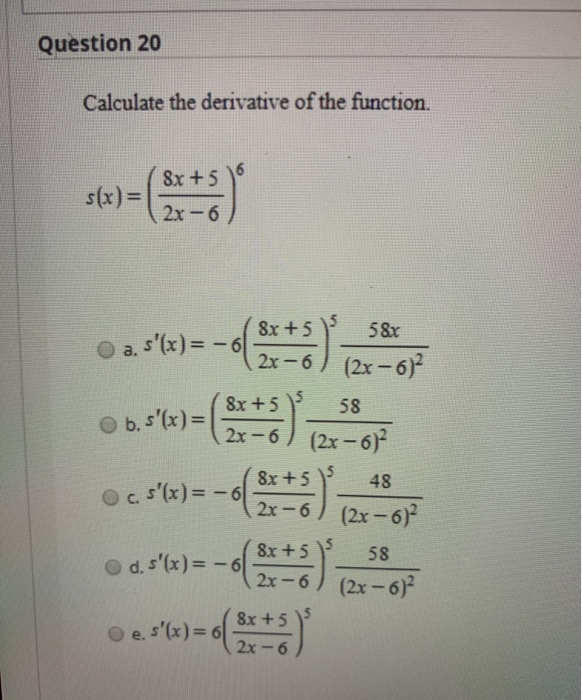 Solved Question 20 Calculate The Derivative Of The Function 6173