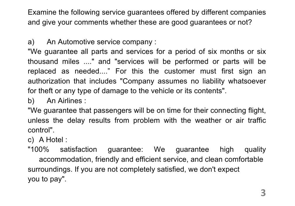 Solved Examine the following service guarantees offered by | Chegg.com