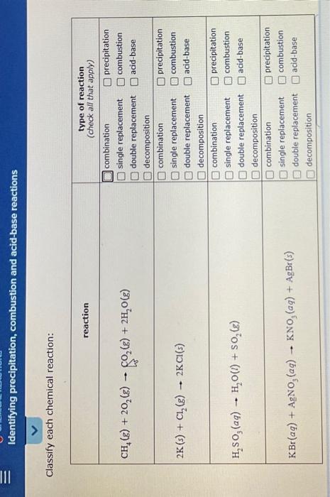 Solved Identifying precipitation, combustion and acid-base | Chegg.com