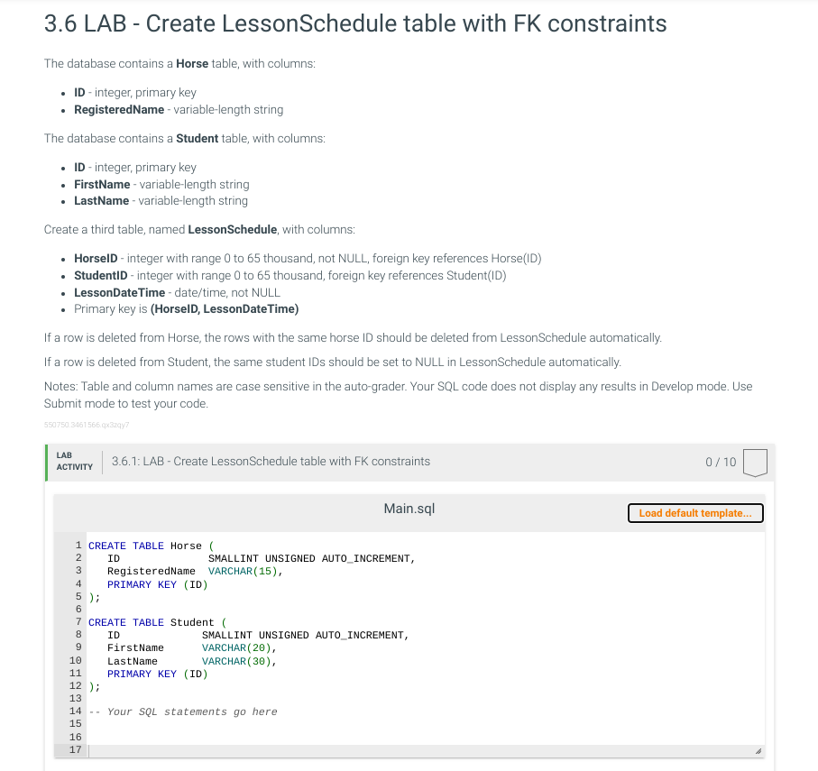 Solved 3.6 LAB - Create LessonSchedule table with FK | Chegg.com Solved 3.6 LAB - Create LessonSchedule table with FK | Chegg.com