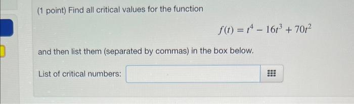 Solved (1 point) Find all critical values for the function | Chegg.com