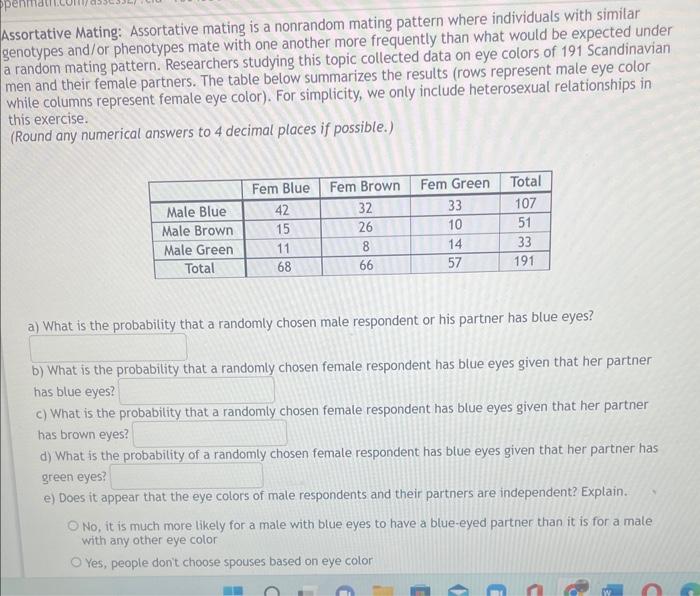 Solved Assortative Mating: Assortative mating is a nonrandom | Chegg.com