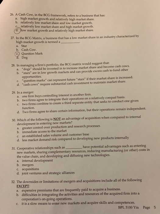 Solved 26. A Cash Cow, in the BCG framework, refers to a | Chegg.com