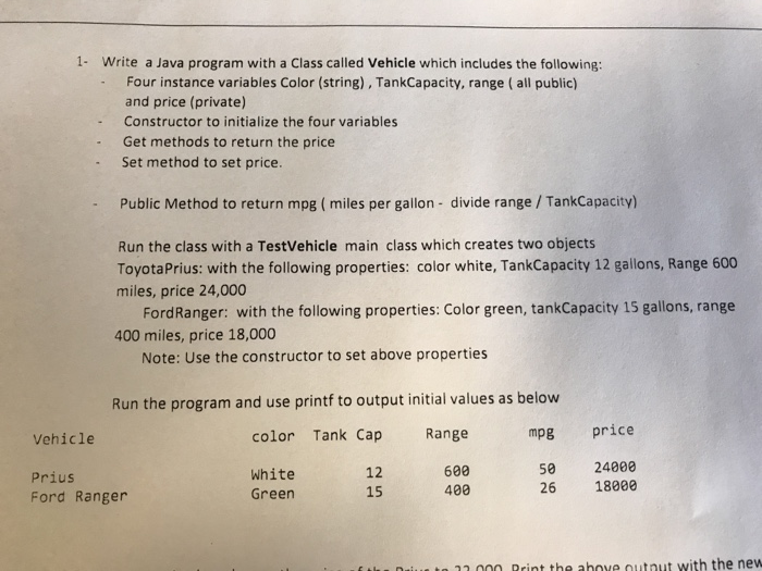 Solved 1. Write a Java program with a Class called Vehicle | Chegg.com