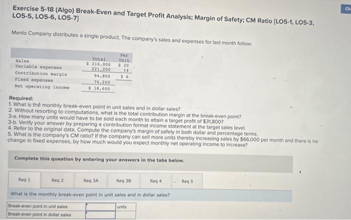 Solved Exercise 5-18 (Algo) Break-Even and Target Profit | Chegg.com