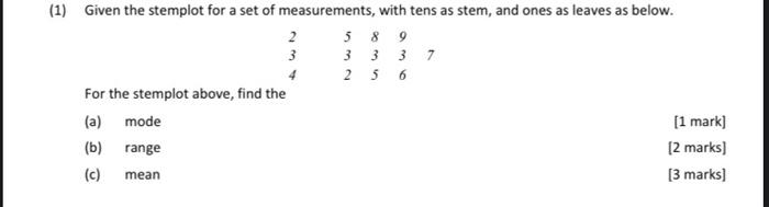 Solved (1) Given the stemplot for a set of measurements, | Chegg.com