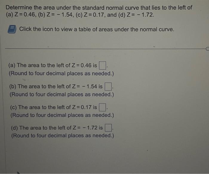 Determine the area under the standard normal curve | Chegg.com