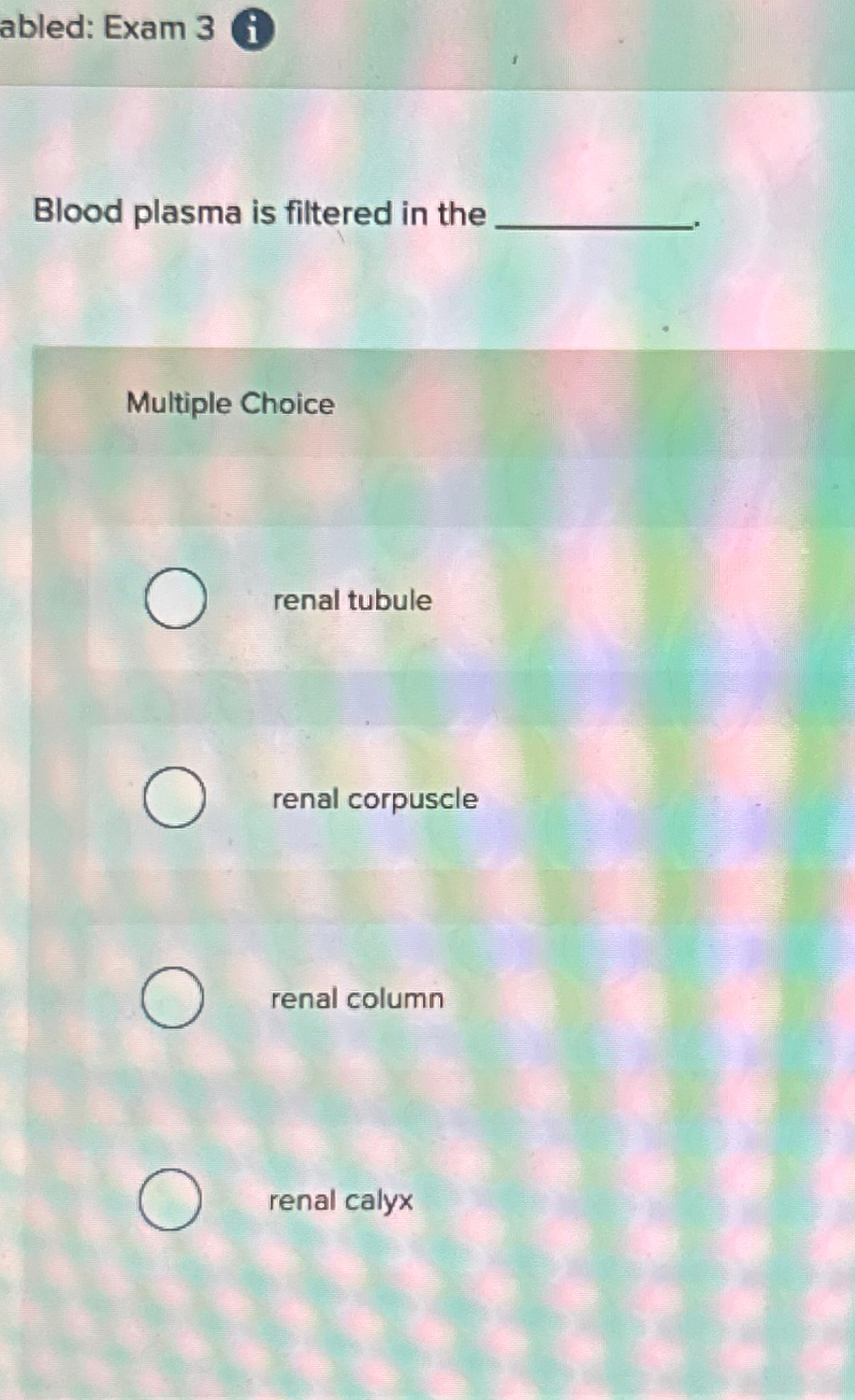 Solved abled: Exam 3 (i)Blood plasma is filtered in | Chegg.com