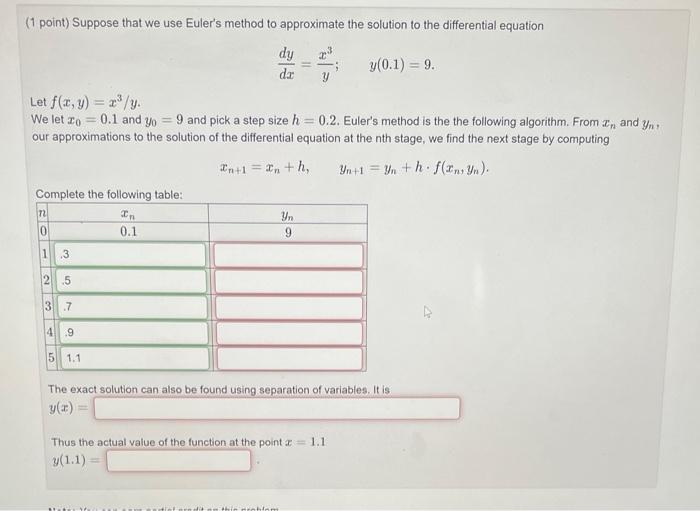 Solved 1 point) Suppose that we use Euler's method to | Chegg.com
