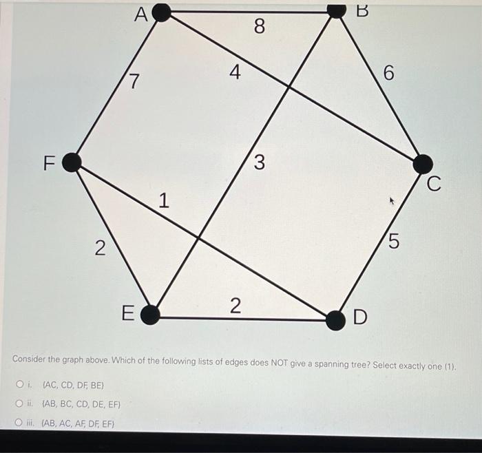 Solved A B 8 4 6 7 F 3 С 1 2 5 E 2 D Consider the graph | Chegg.com