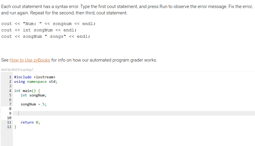 Solved Each cout statement has a syntax error. Type the | Chegg.com