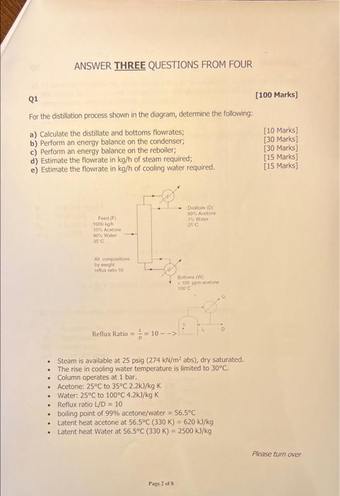 Solved ANSWER THREE QUESTIONS FROM FOUR For the distillation | Chegg.com