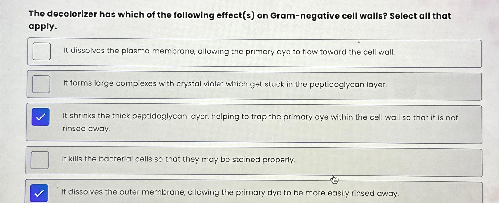 Solved The decolorizer has which of the following effect(s) | Chegg.com