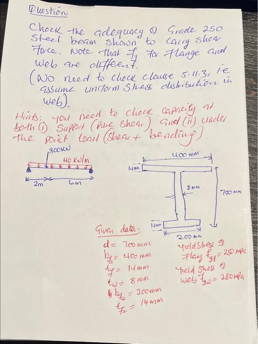 Solved Chock the adequacy of Grade 250 steel beam shown to | Chegg.com