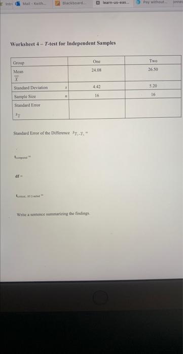 Solved Worksheet 4-T-test for lndependent Samples Standasd | Chegg.com