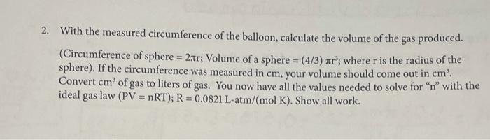 Solved 2. With the measured circumference of the balloon, | Chegg.com