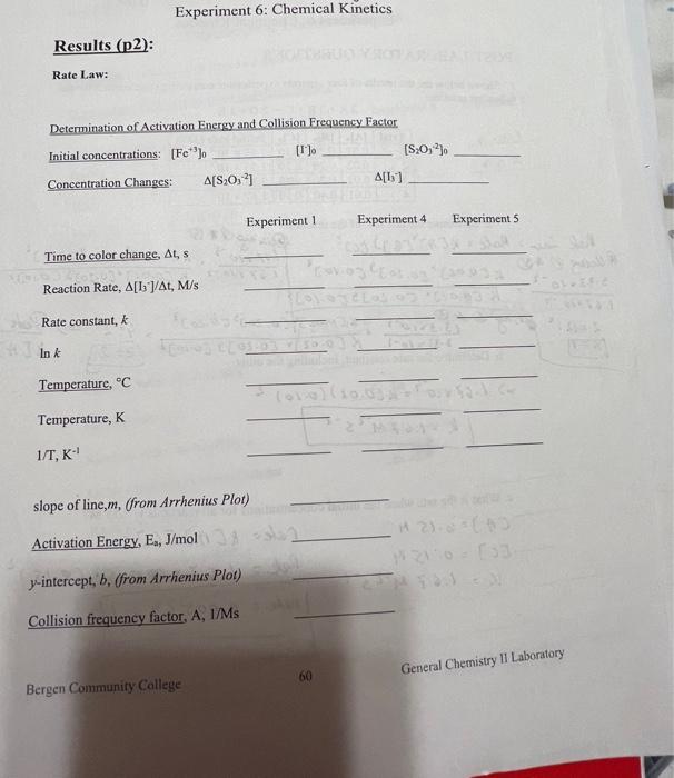 Experiment 6: Chemical Kinetics Results: Show | Chegg.com