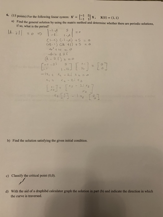 Solved 6. (15 points) For the following linear system: X' = | Chegg.com