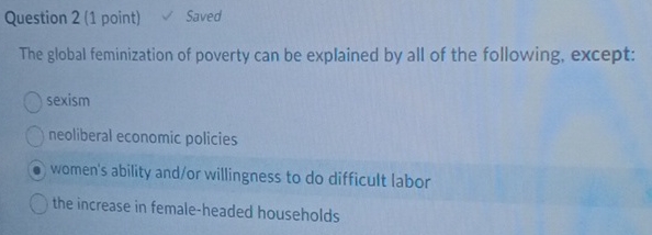 Solved Question 2 (1 ﻿point) ﻿SavedThe global feminization | Chegg.com