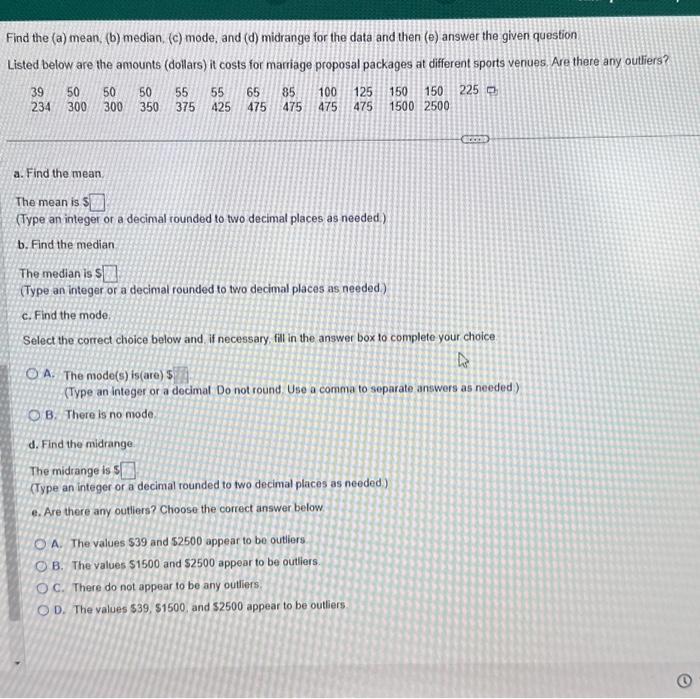 Solved Find the (a) mean, (b) median, (c) mode, and (d) | Chegg.com