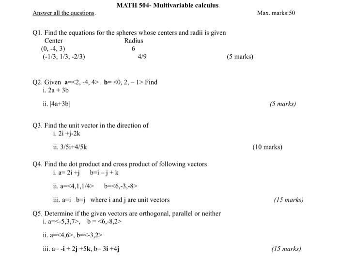 Solved MATH 504- Multivariable calculus Answer all the | Chegg.com