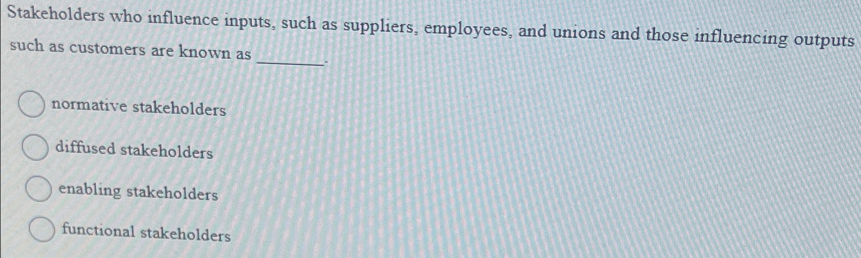 Solved Stakeholders who influence inputs, such as suppliers, | Chegg.com