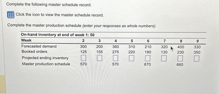 Solved Complete the following master schedule record. Click | Chegg.com