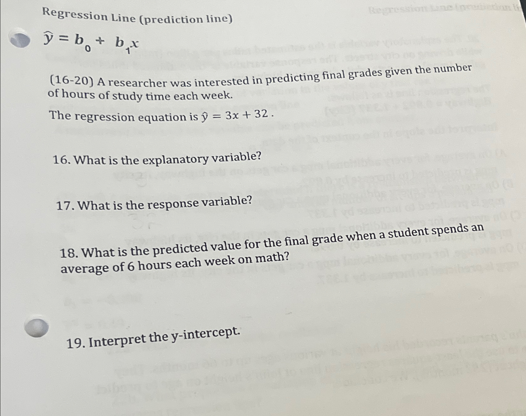 Solved Regression Line (prediction | Chegg.com