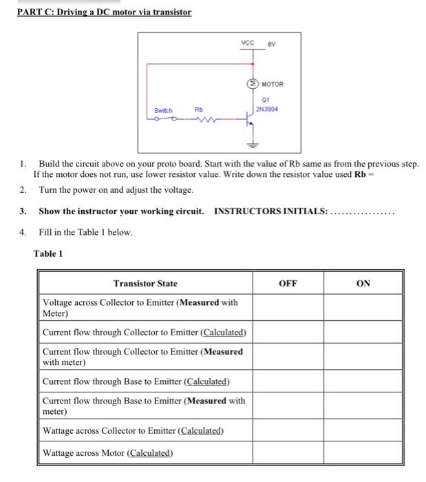 Solved PART C: Driving a DC motor via transistor VCC 67 | Chegg.com