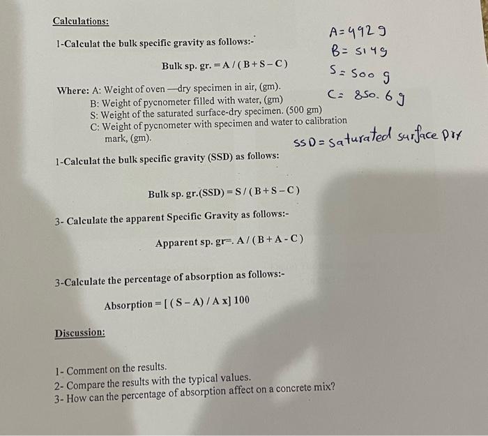Solved Calculations: 1-Calculat the bulk specific gravity as | Chegg.com