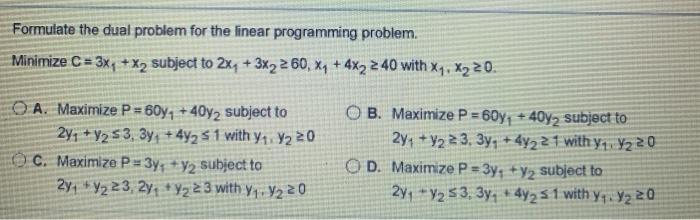 Solved Formulate the dual problem for the linear programming | Chegg.com
