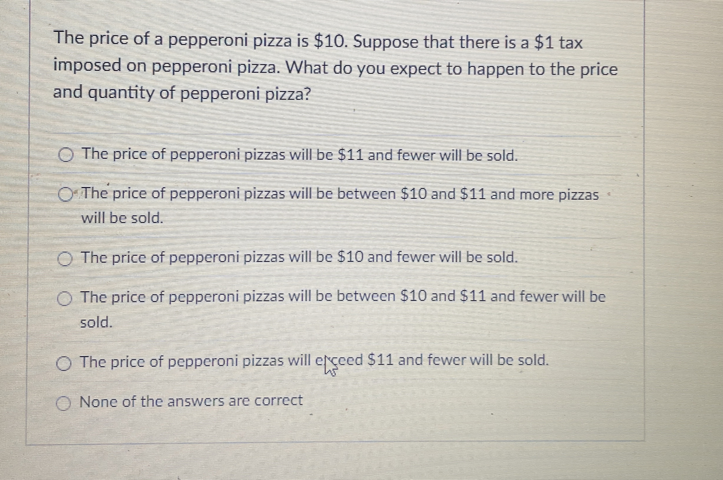 Solved The price of a pepperoni pizza is $10. ﻿Suppose that | Chegg.com