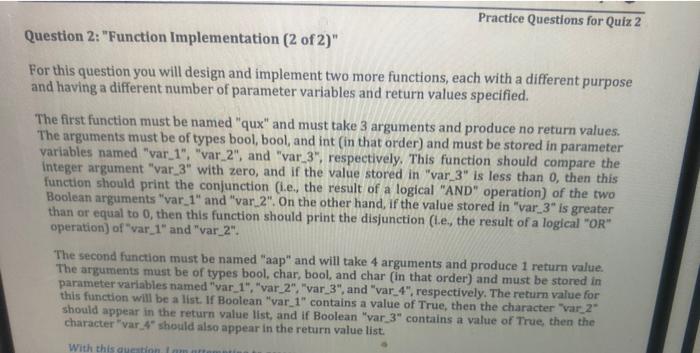 Solved Question 2: "Function Implementation (2 of 2)n For | Chegg.com