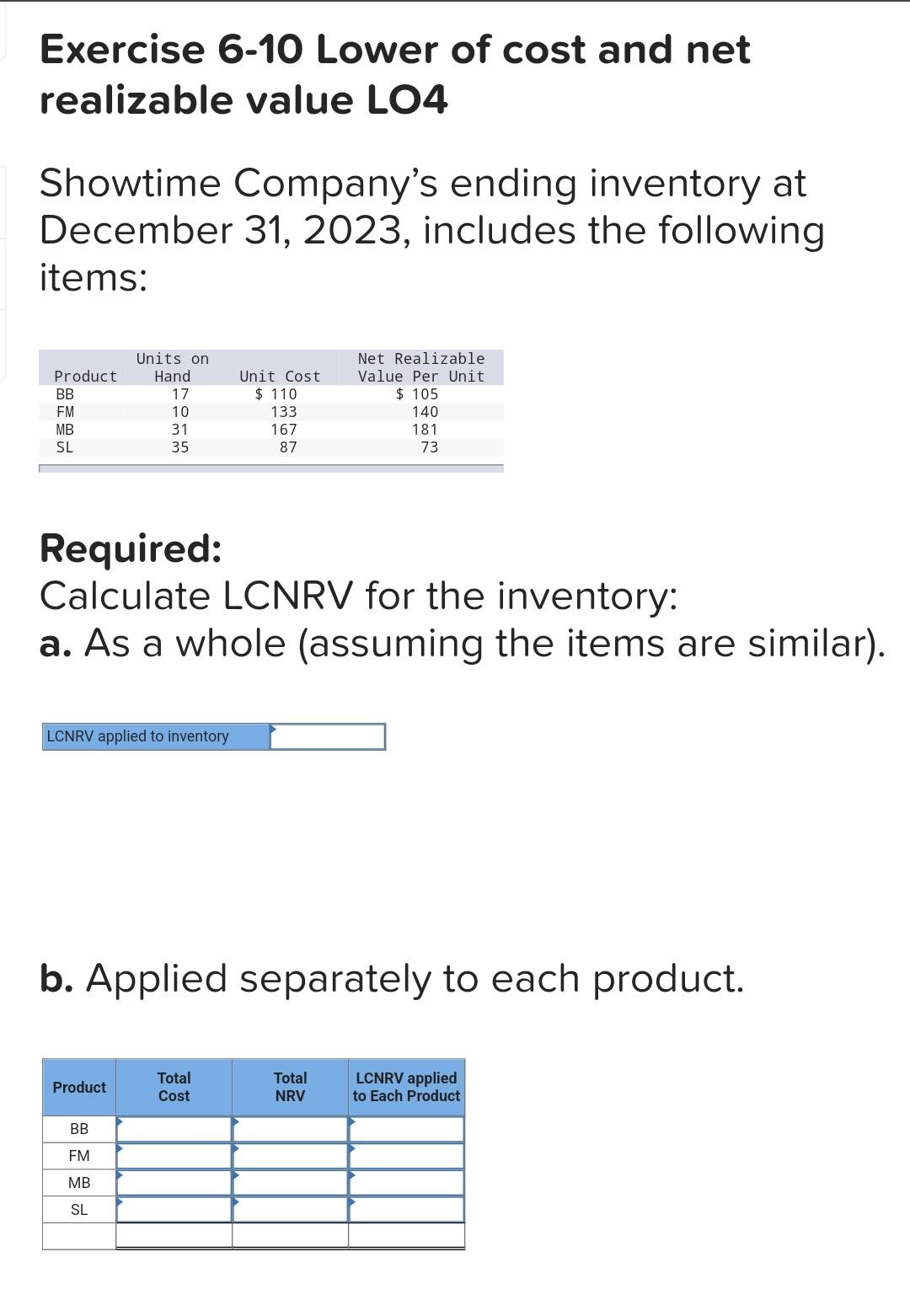 Solved Exercise 6-10 Lower of cost and net realizable value | Chegg.com