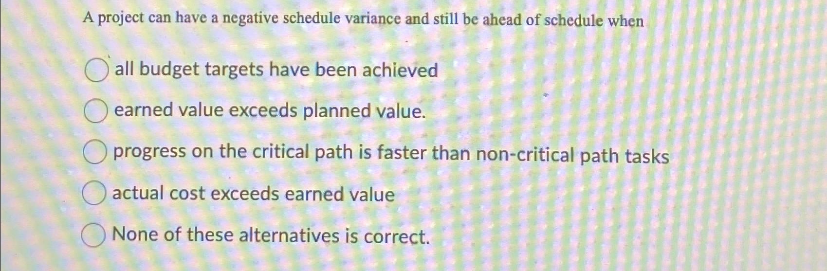 Solved A project can have a negative schedule variance and | Chegg.com