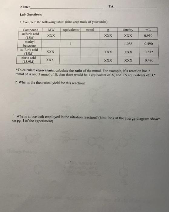 Solved Name: TA: Lab Questions: 1. Complete the following | Chegg.com