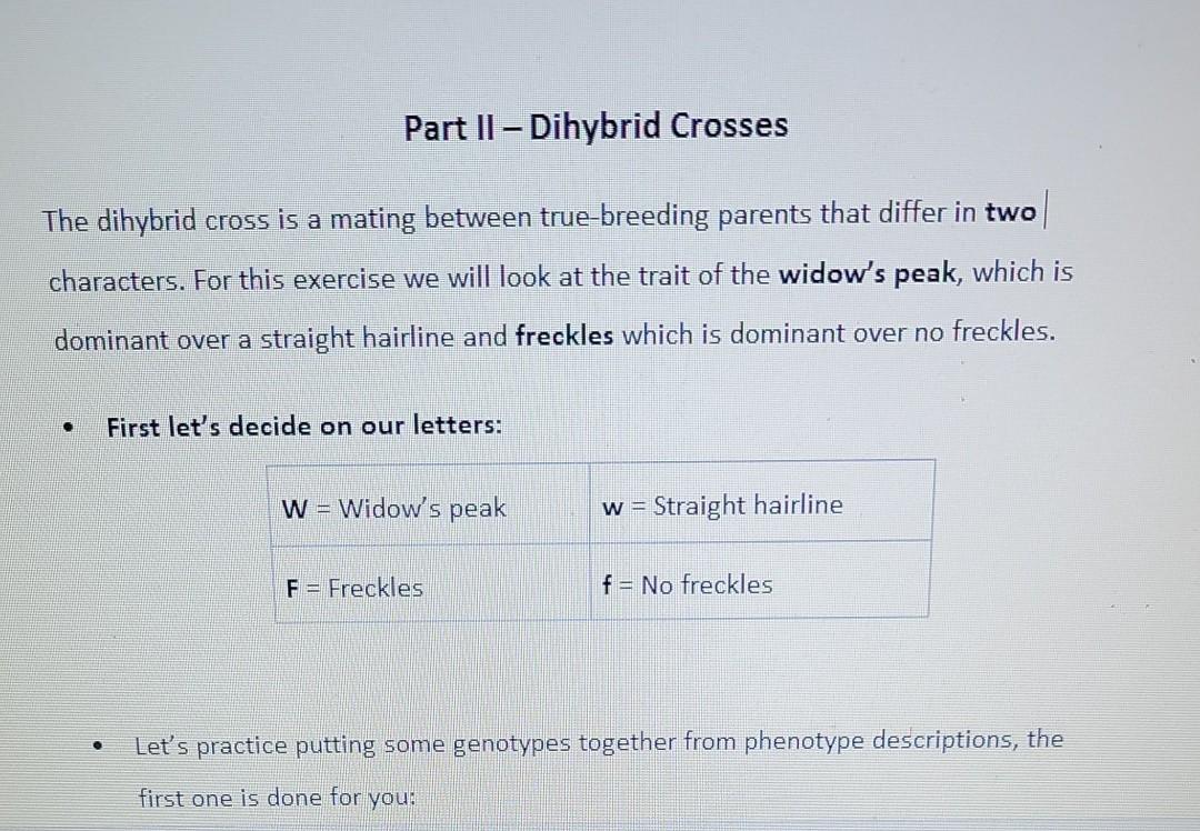 Solved Part II - Dihybrid Crosses The dihybrid cross is a | Chegg.com