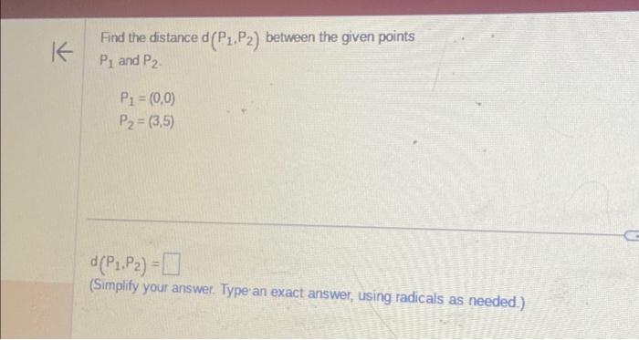 Solved Find the distance d(P1,P2) between the given points | Chegg.com
